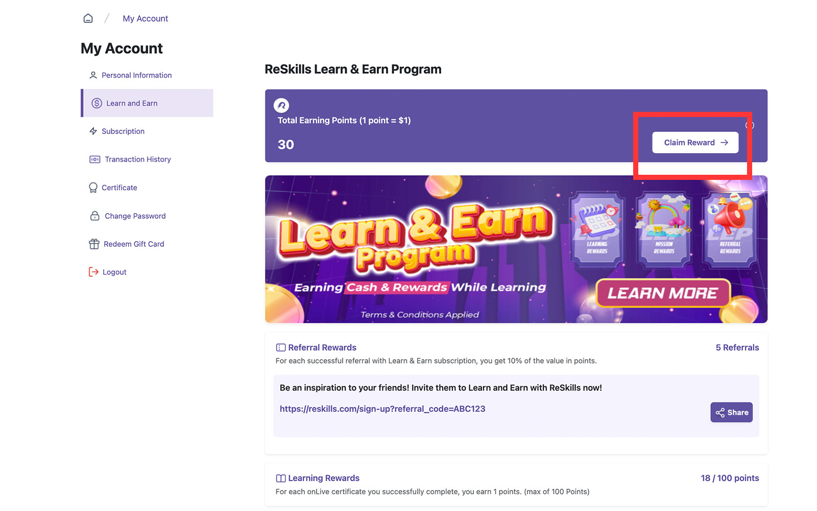 Learn & Earn Program point withdrawal - ReSkills